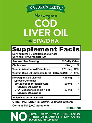 Nature's Truth Norwegian Cod Liver Oil Dietary Supplement - 100 Softgels, Pack of 6