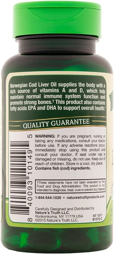 Nature's Truth Norwegian Cod Liver Oil Dietary Supplement - 100 Softgels, Pack of 6