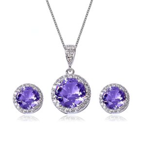 amyjane amethyst jewelry set for bridesmaids - sterling silver round purple cubic zirconia crystal bridal pendant necklace earrings set for wedding bride bridesmaids