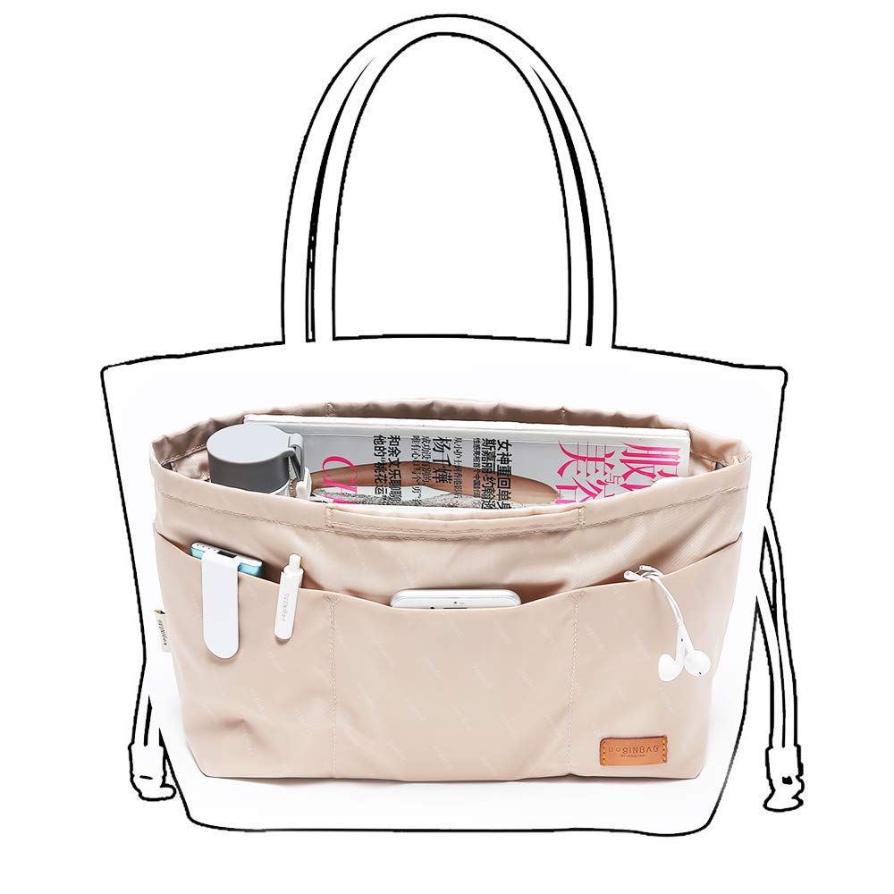 iN. Purse Organizer Insert with zipper Nylon fabric for women Handbags & Totebag beige Size: Medium: 15.7"(Top)/12.2"(Bottom) L × 4.7" W × 8.3" H