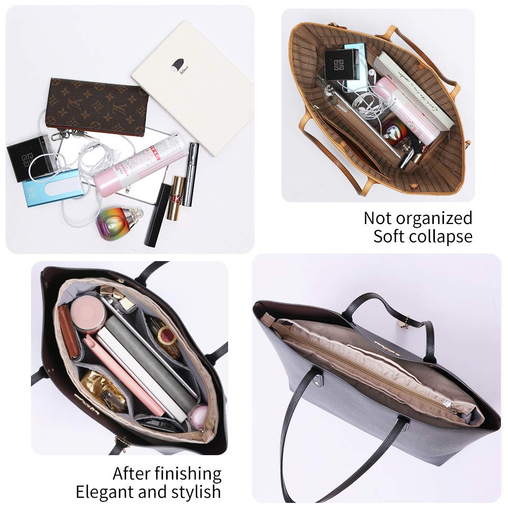 iN. Purse Organizer Insert with zipper Nylon fabric for women Handbags & Totebag beige Size: Medium: 15.7"(Top)/12.2"(Bottom) L × 4.7" W × 8.3" H