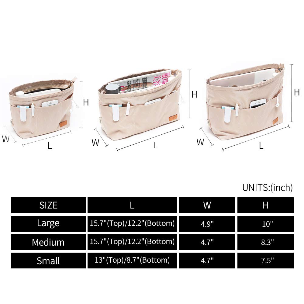 iN. Purse Organizer Insert with zipper Nylon fabric for women Handbags & Totebag beige Size: Medium: 15.7"(Top)/12.2"(Bottom) L × 4.7" W × 8.3" H