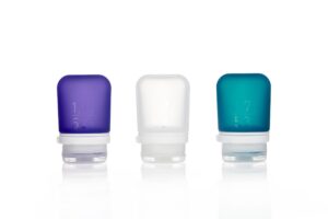 humangear gotoob+ 3-pack (small) | refillable silicone travel bottle | locking lid | food-safe material, clear/purple/teal, small (1.7 fl.oz; 53ml)