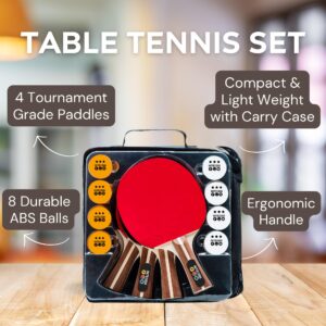 Ping Pong Paddle Set - 4 Wood Ping Pong Paddles - Ergonomic Grip - 8 Tournament Table Tennis Balls - Paddle Case - Professional/Casual Play - Portable Table Tennis Set .- Family Table Games