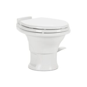 dometic 311 gravity flush toilet | white | low profile | slow- close seat | power flush, foot pedal flush operation | 13.5" seat height for compact areas