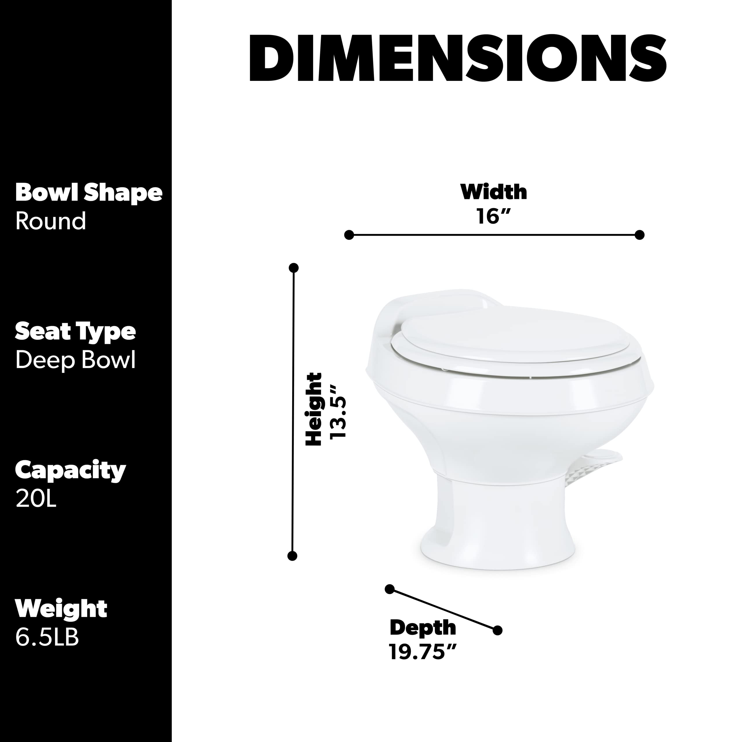 Dometic 311 Gravity Flush Toilet | White | Low Profile | Slow- Close Seat | Power Flush, Foot Pedal Flush Operation | 13.5" Seat Height for Compact Areas