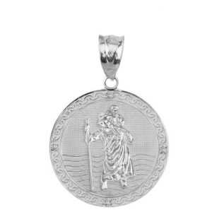 solid 10k white gold saint christopher diamond round medal pendant (1.16")