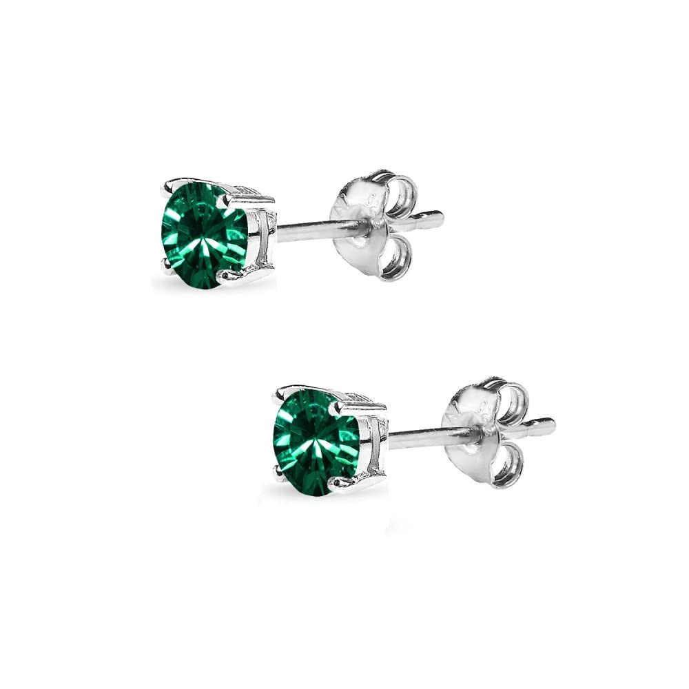 Green Earrings for Women Sterling Silver Studs 4mm European Crystals Earrings for May Birthstone Prom Bridesmaids Holiday Gift Birthday Fashion