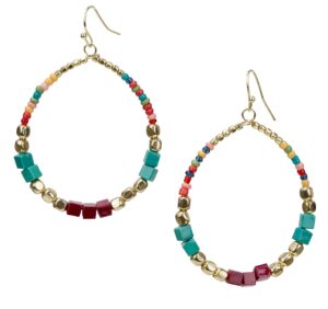 spunkysoul bohemian multi-colored cube beaded hoop earrings for women (teal/red/cube)