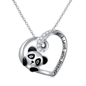 daochong 925 sterling silver engraved i love you forever cute animal panda heart pendant necklace for women girlfriend wife mother birthday gifts jewelry