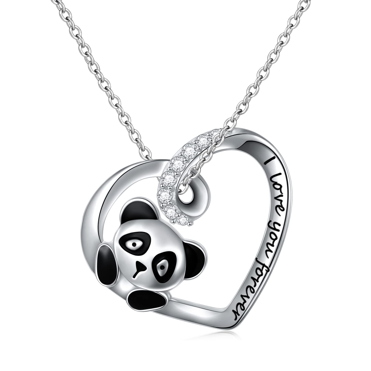 DAOCHONG 925 Sterling Silver Engraved I Love You Forever Cute Animal Panda Heart Pendant Necklace for Women Girlfriend Wife Mother Birthday Gifts Jewelry