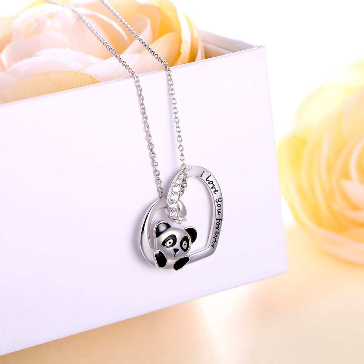 DAOCHONG 925 Sterling Silver Engraved I Love You Forever Cute Animal Panda Heart Pendant Necklace for Women Girlfriend Wife Mother Birthday Gifts Jewelry