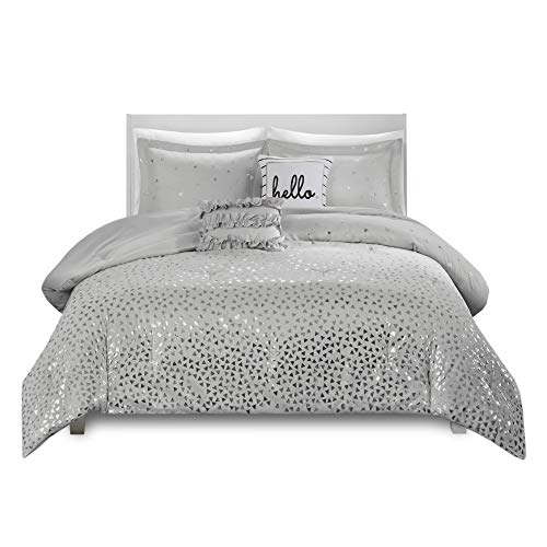 Intelligent Design Zoey Triangle Metallic Print, Cozy Comforter Set All Season Bedding Set, Matching Sham, Decorative Pillow, Full/Queen, Grey/Silver 5 Piece