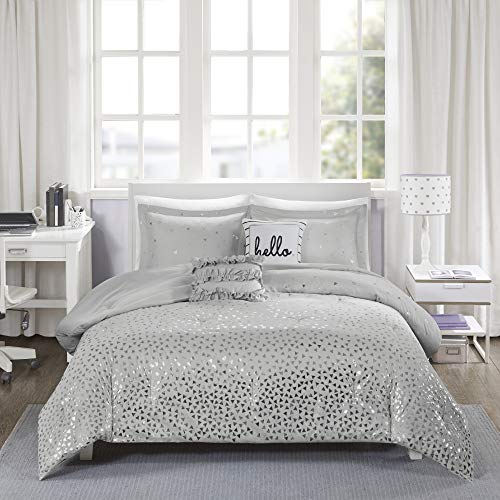 Intelligent Design Zoey Triangle Metallic Print, Cozy Comforter Set All Season Bedding Set, Matching Sham, Decorative Pillow, Full/Queen, Grey/Silver 5 Piece