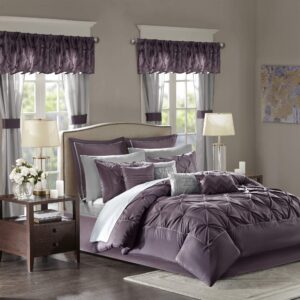 madison park essentials cal king comforter set, 24 piece bedding with matching curtains, decorative pillows, luxe diamond tufting , room in a bag joella collection, plum cal king