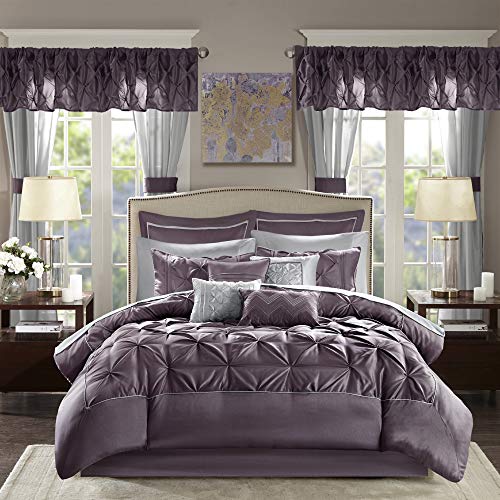 Madison Park Essentials Cal King Comforter Set, 24 Piece Bedding With Matching Curtains, Decorative Pillows, Luxe Diamond Tufting , Room in a Bag Joella Collection, Plum Cal King