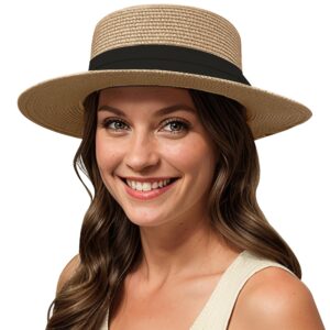 lanzom upf50+ women wide brim straw panama sun hat boater summer beach sun hat (khaki)