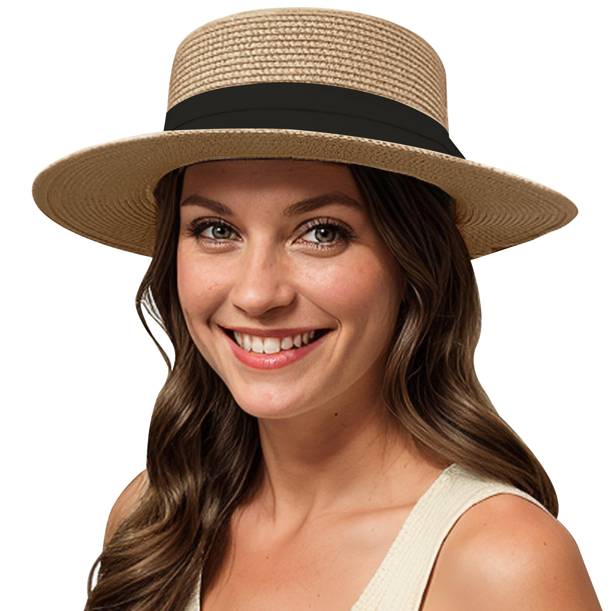 Lanzom UPF50+ Women Wide Brim Straw Panama Sun Hat Boater Summer Beach Sun Hat (Khaki)