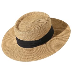 Lanzom UPF50+ Women Wide Brim Straw Panama Sun Hat Boater Summer Beach Sun Hat (Khaki)