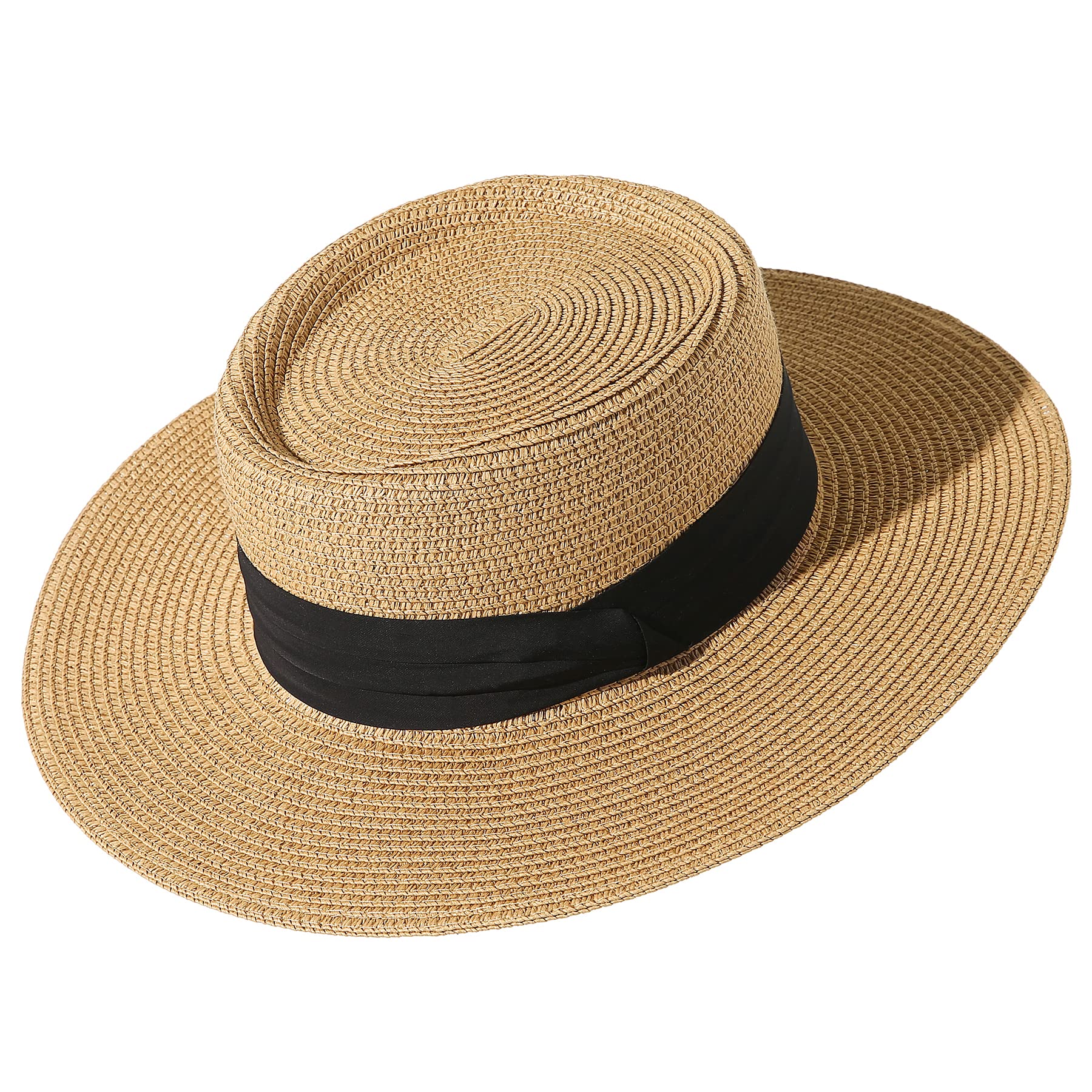 Lanzom UPF50+ Women Wide Brim Straw Panama Sun Hat Boater Summer Beach Sun Hat (Khaki)