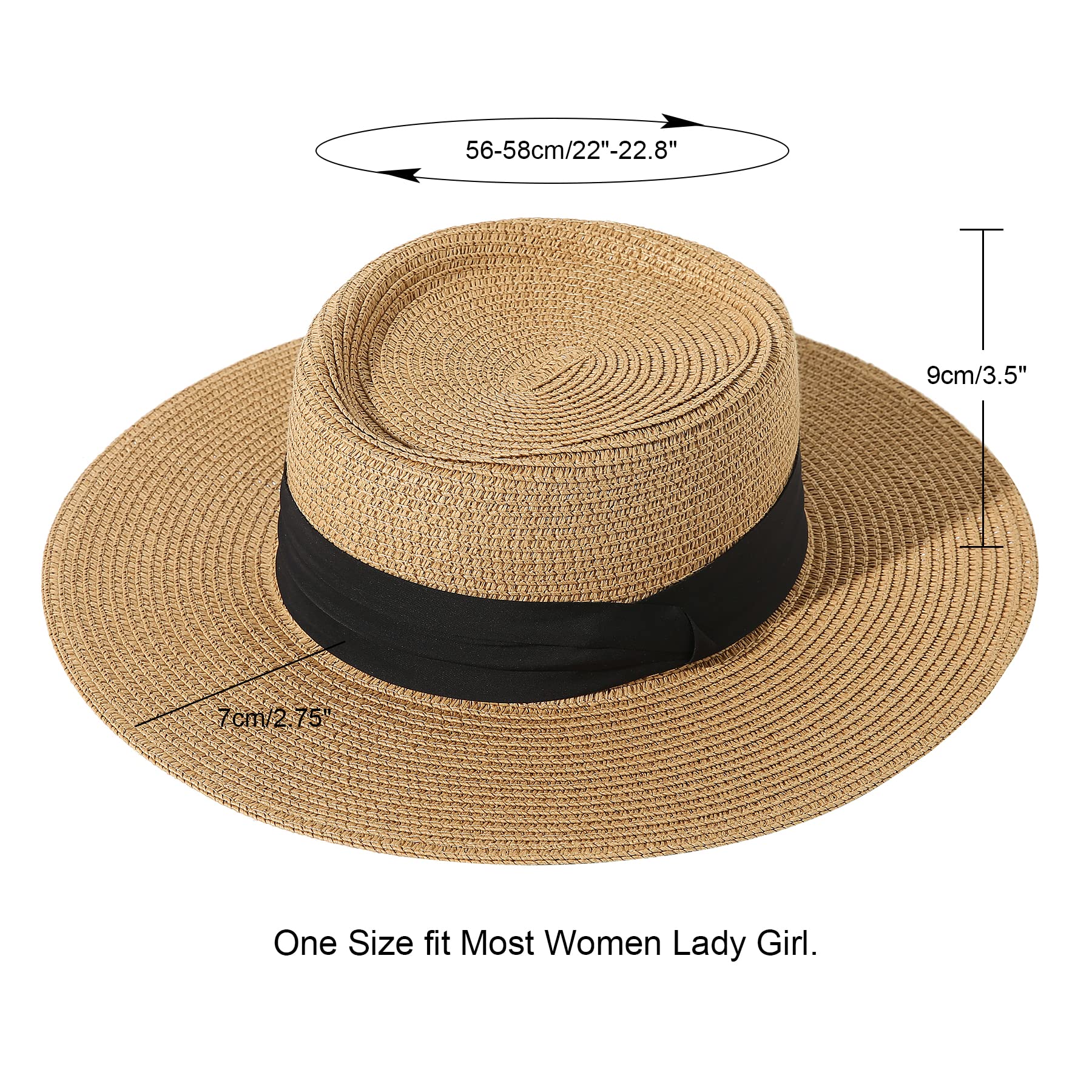 Lanzom UPF50+ Women Wide Brim Straw Panama Sun Hat Boater Summer Beach Sun Hat (Khaki)