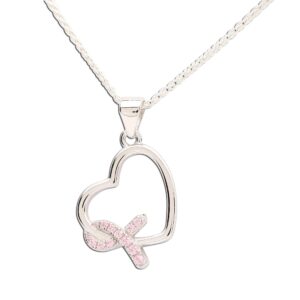 sterling silver heart "never give up - you are loved" breast cancer survivor and awareness necklace