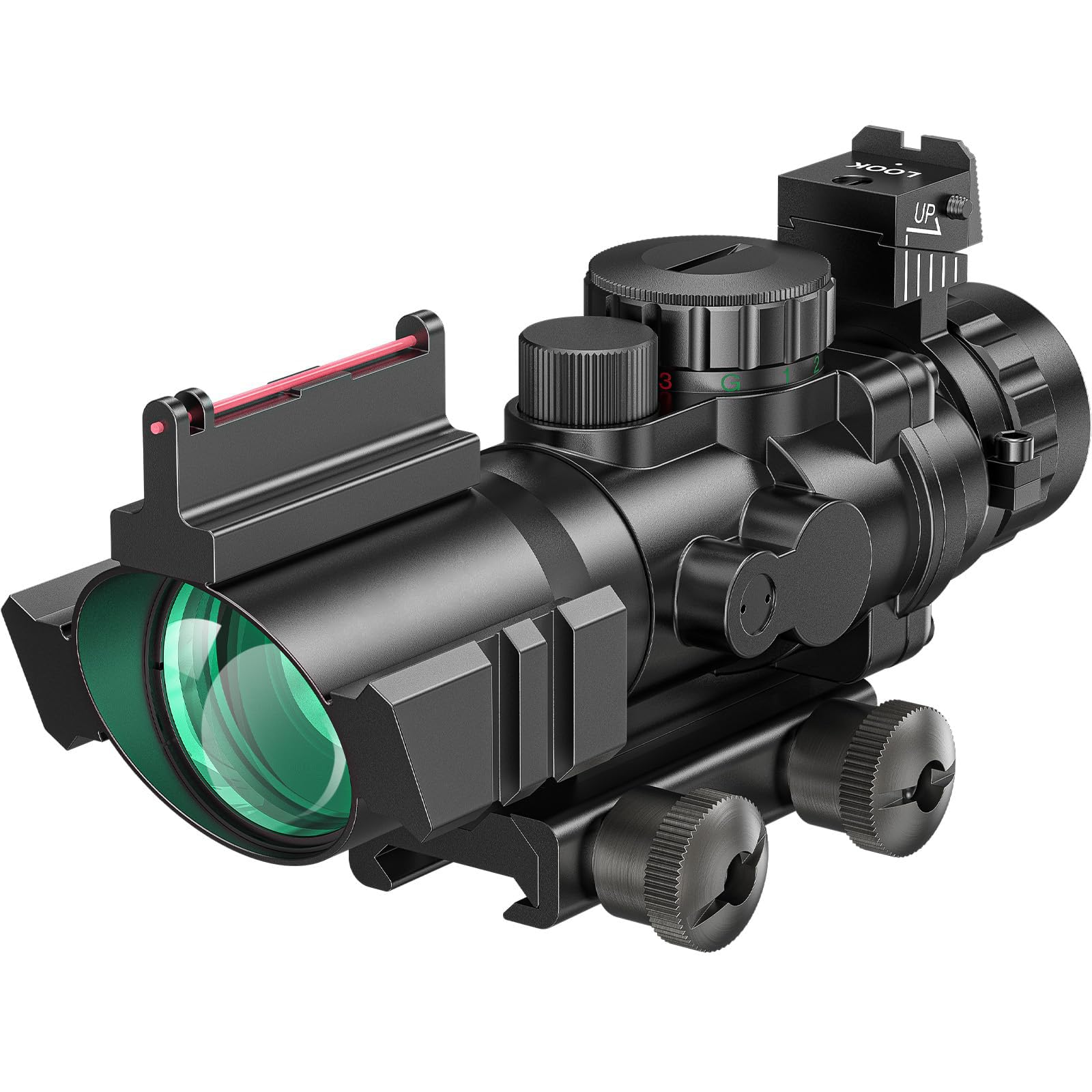 MidTen 4x32 Prism Tactical Rifle Scope Red & Green & Blue Illuminated Reticle Hunting Guns Scope with Mount for 20mm Rail and Fiber Optic Sight