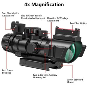 MidTen 4x32 Prism Tactical Rifle Scope Red & Green & Blue Illuminated Reticle Hunting Guns Scope with Mount for 20mm Rail and Fiber Optic Sight