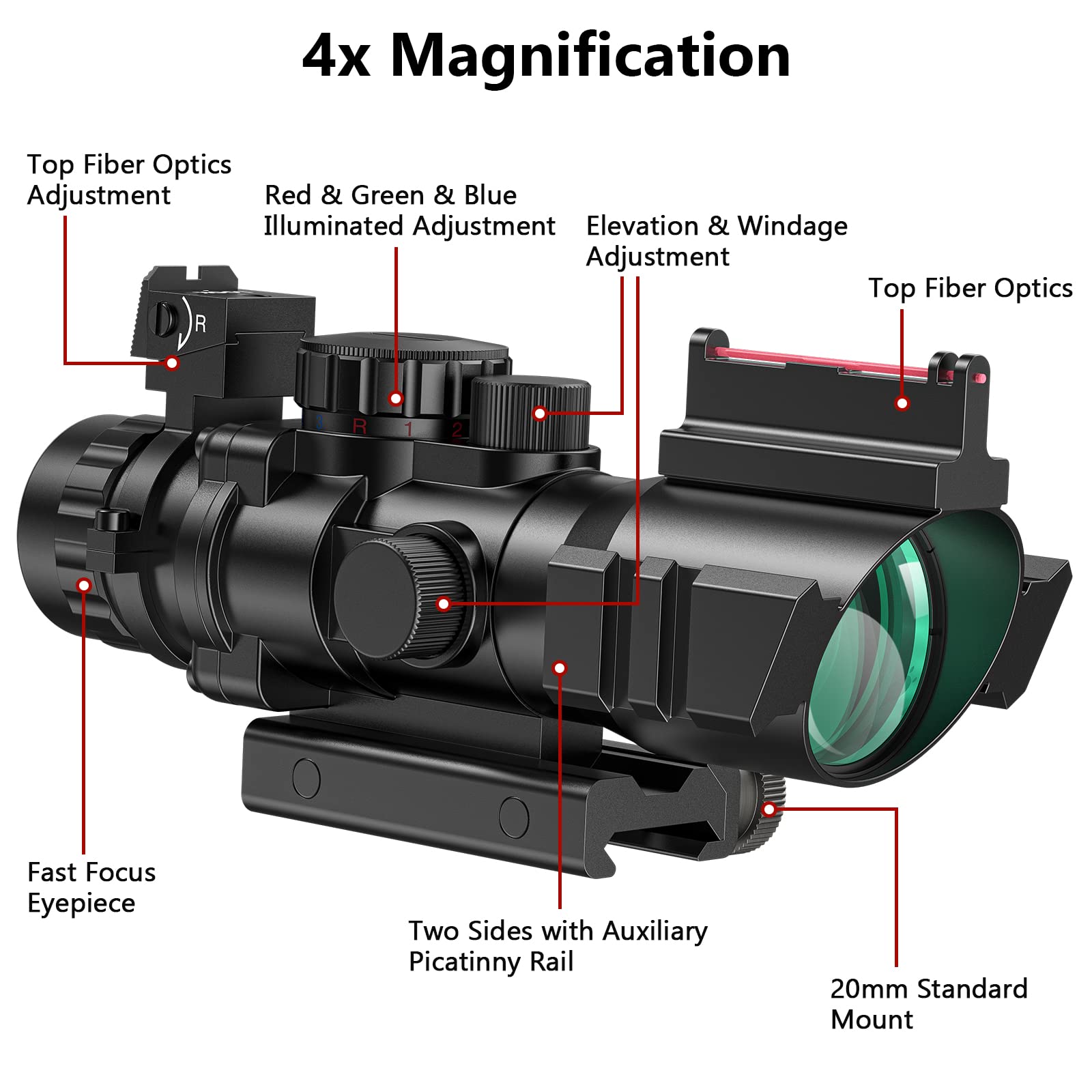 MidTen 4x32 Prism Tactical Rifle Scope Red & Green & Blue Illuminated Reticle Hunting Guns Scope with Mount for 20mm Rail and Fiber Optic Sight