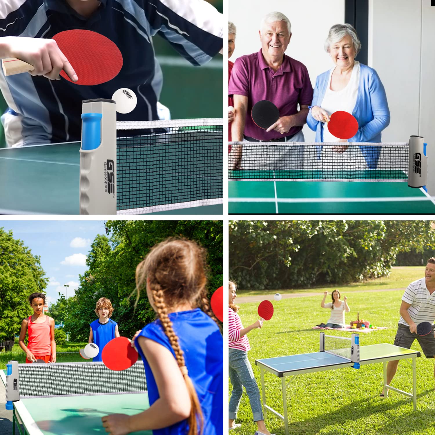 GSE Adjustable Retractable Ping Pong Net & Post. Portable Table Tennis Net & Clamps. Replacement Ping Pong Net for Any Tables (Blue)