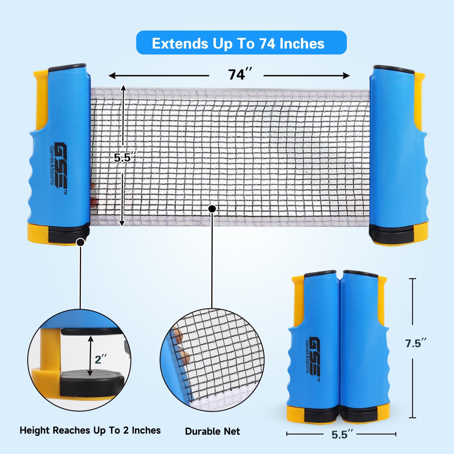 GSE Adjustable Retractable Ping Pong Net & Post. Portable Table Tennis Net & Clamps. Replacement Ping Pong Net for Any Tables (Blue)