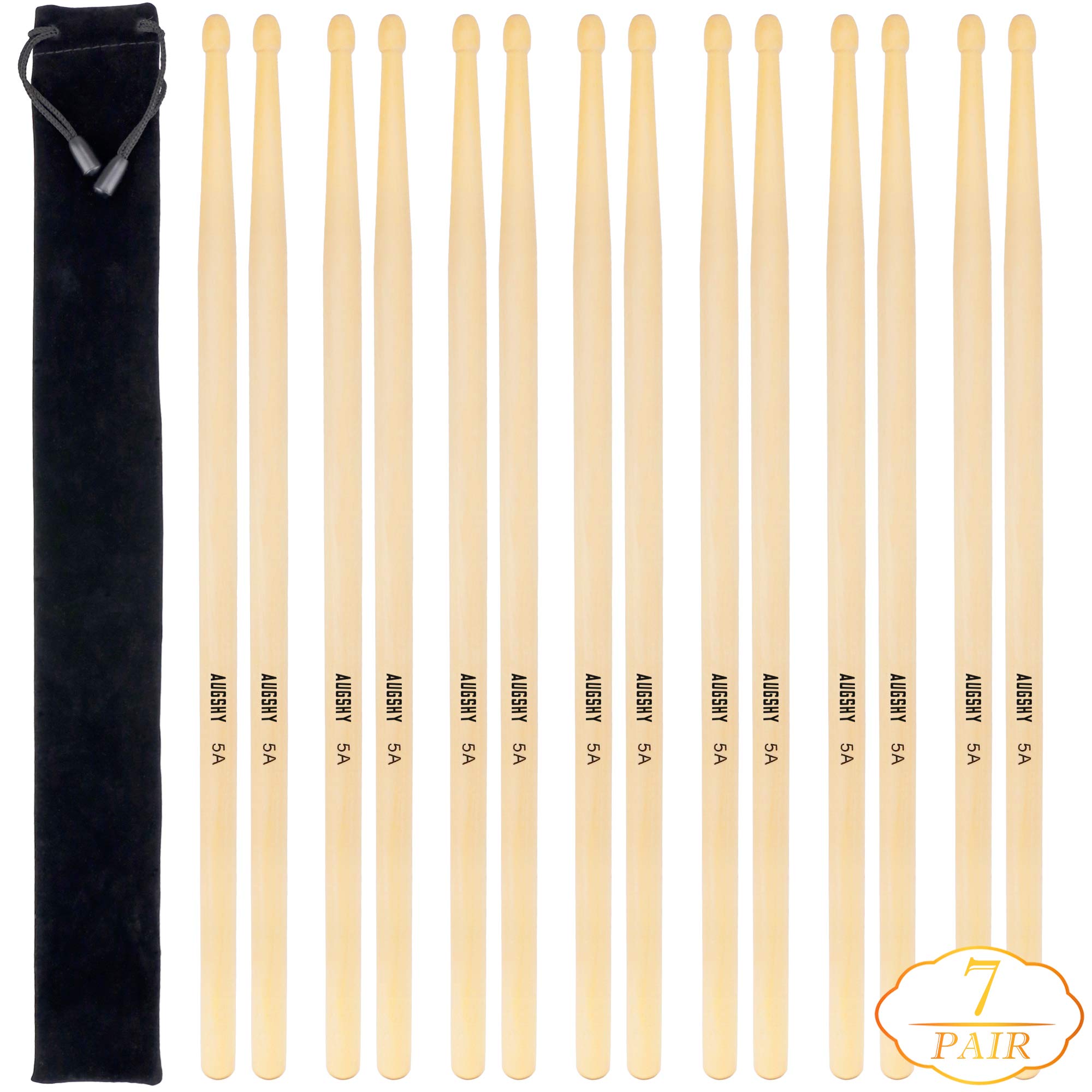 14 Packs 7pairs 5A Natural Drum Sticks,Wood Tip Drumsticks with Waterproof Bag(Maple)