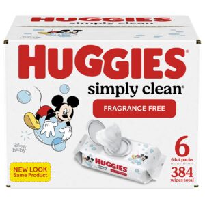 baby wipes, unscented, huggies simply clean fragrance-free baby diaper wipes, 6 flip-top packs (384 wipes total),64 count (pack of 6)