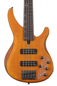 yamaha trbx605 5-string flamed maple bass guitar, matte amber