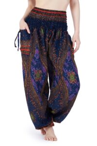 lannaclothesdesign women's smocked waist boho flowy yoga harem pants hippie clothes (m, dark blue)