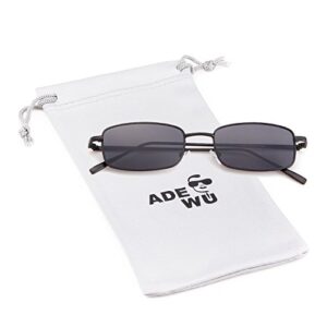 ADE WU Rectangle sunglasses for Women Men Vintage 90s Small Narrow Metal Frame Square Sun Glasses Unisex (Black Frame Grey Lens)