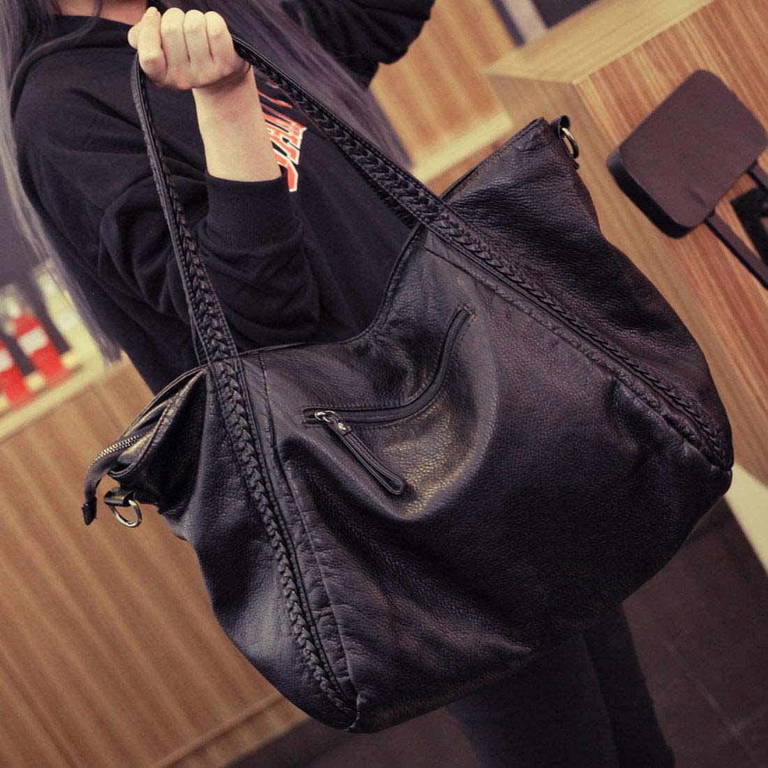 Big Capacity Women Handbags Soft Leather Travel Lady Tote Purses Fashion Woven Work Shoulder Hobo Bag