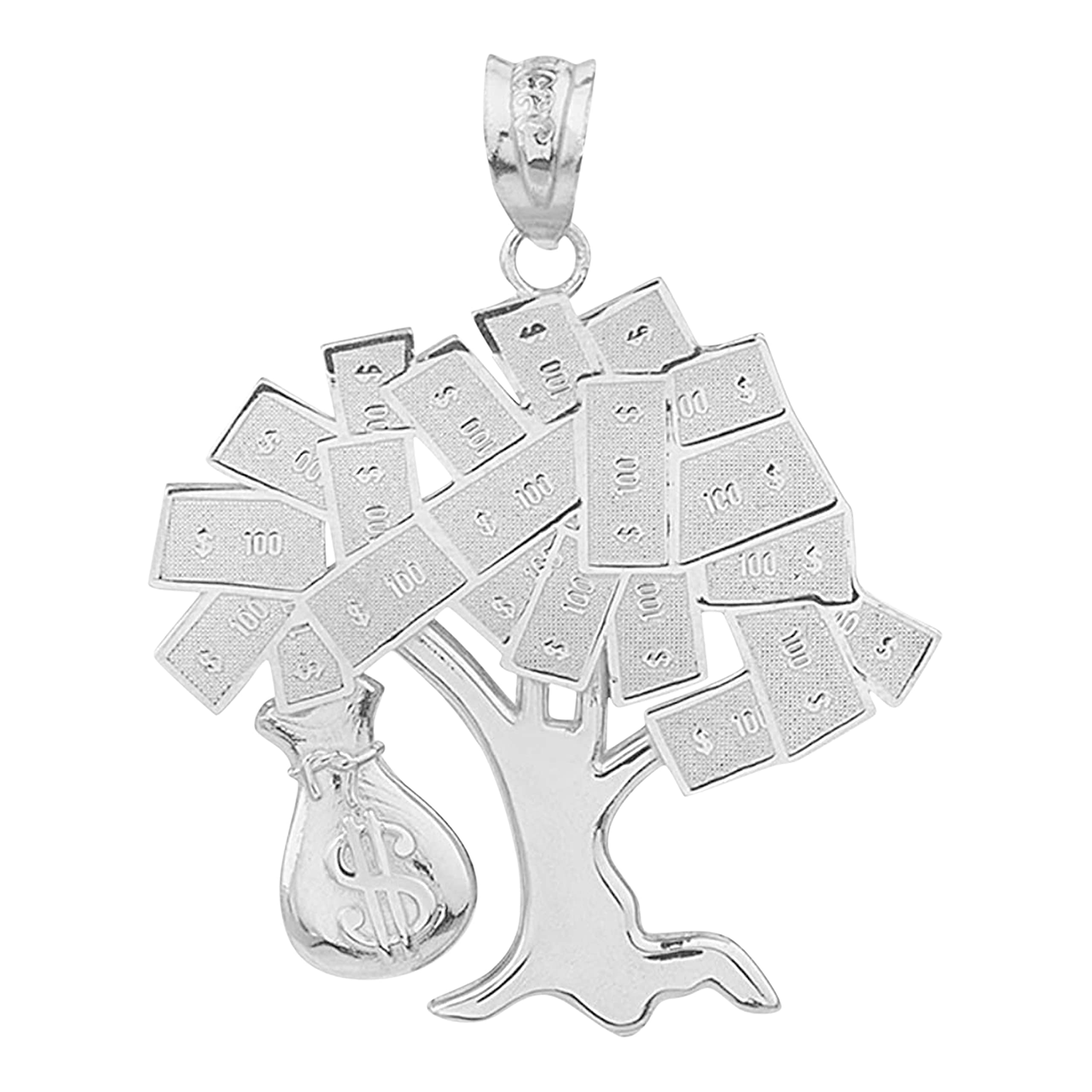 Hip Hop Jewelry .925 Sterling Silver 1-1/4" USD Dollar Money Tree Money Bag Treasure Pendant Charm