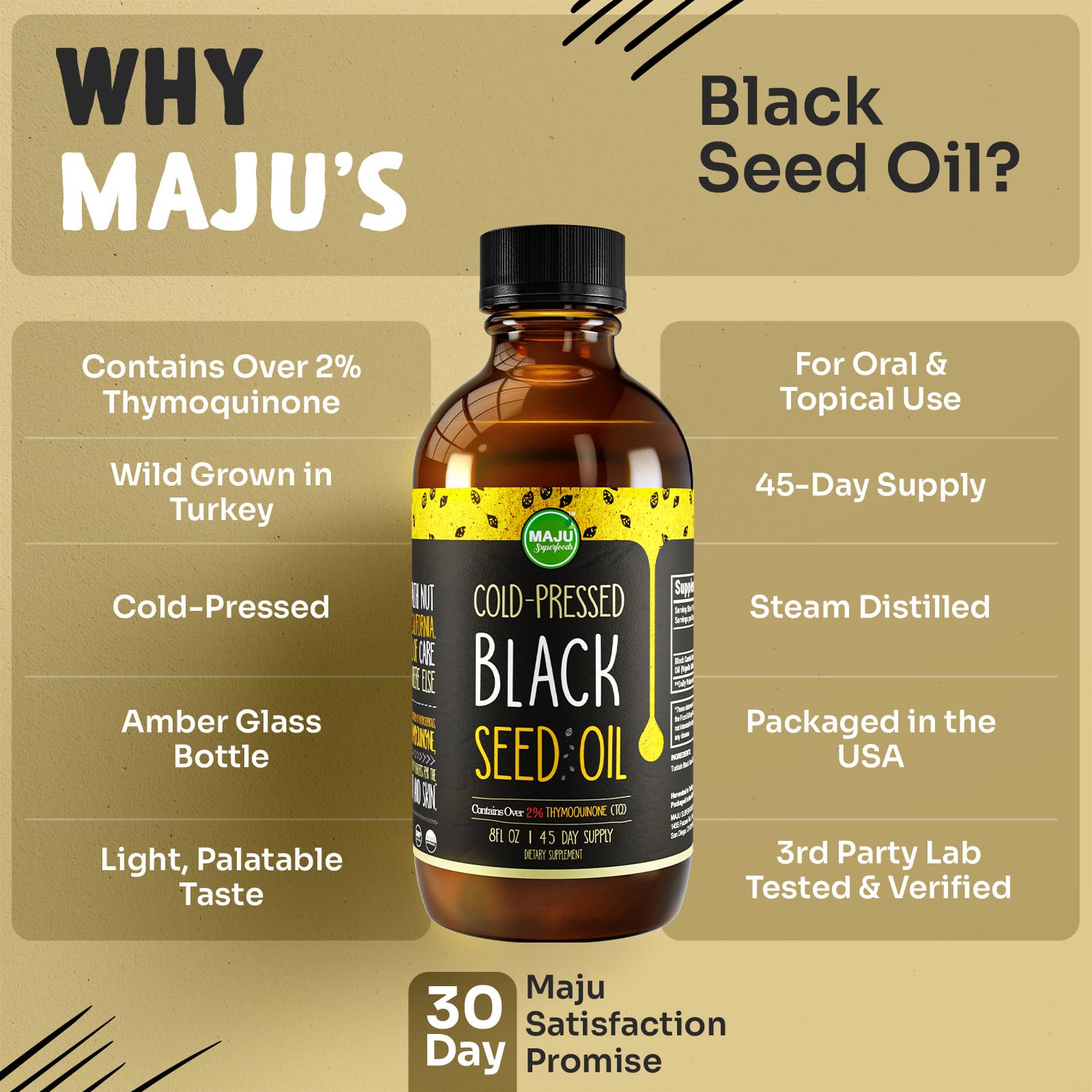 MAJU Black Seed Oil - 3 Times Thymoquinone, Cold-Pressed, 100% Turkish Black Cumin Seed Oil, Liquid Pure Blackseed Oil, Glass Bottle, 8 oz