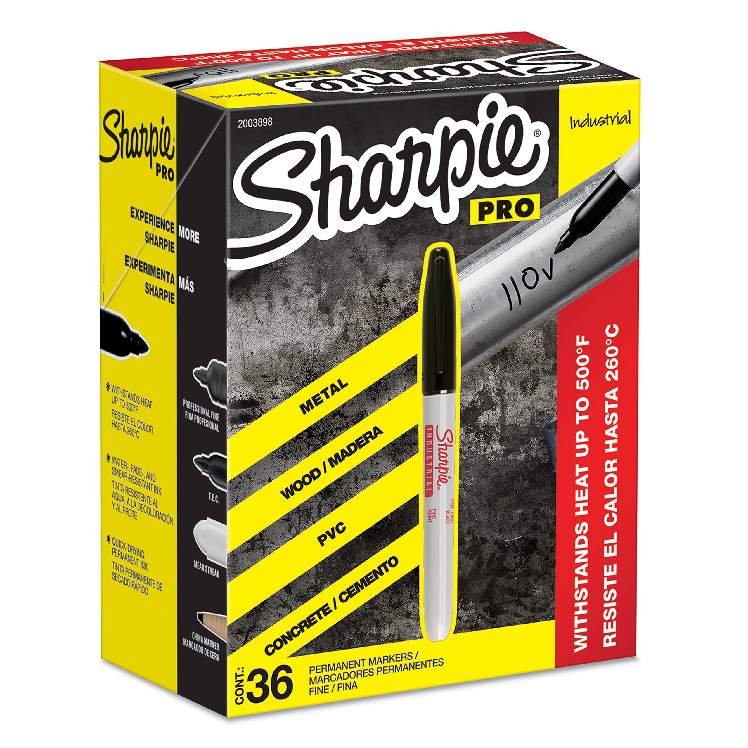 SHARPIE Industrial Permanent Markers, Fine Tip, Black, 36 Count