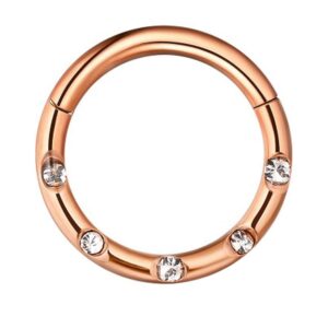 16 gauge - 12mm diameter rose gold anodized surgical steel 5 crystal stones paved hinged segment nose ring septum piercing