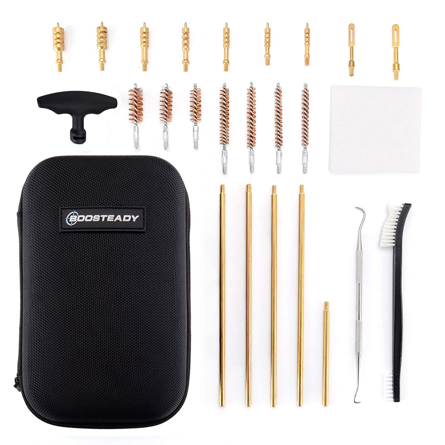 Handgun Rifle Cleaning Kit .22, 30, 243, 280, 40, 45, 357/9mm/.38 Multi-Caliber Bore Brushes Brass Jags Boosteady