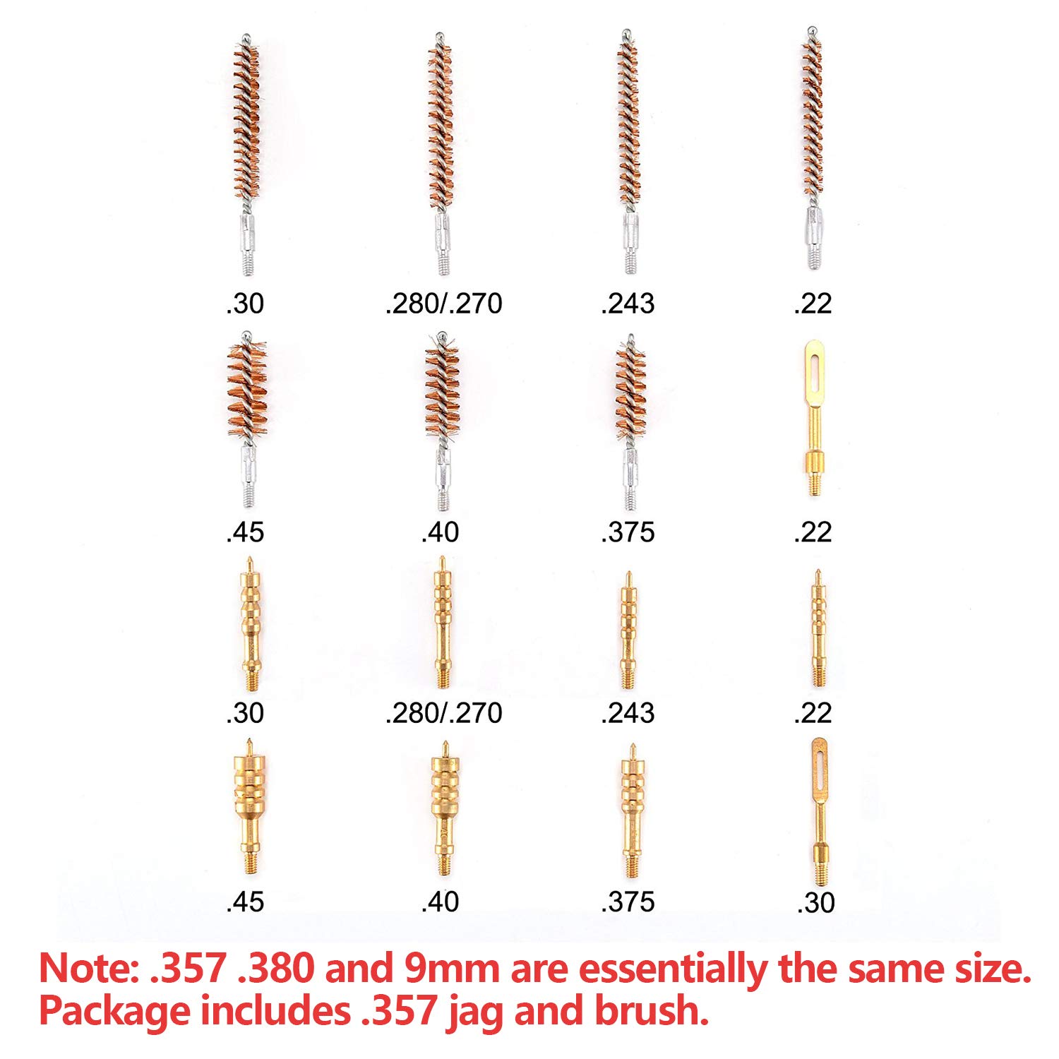 Handgun Rifle Cleaning Kit .22, 30, 243, 280, 40, 45, 357/9mm/.38 Multi-Caliber Bore Brushes Brass Jags Boosteady