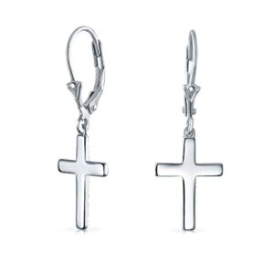 minimalist simple small religious dangle cross earrings for women teen secure lever back .925 sterling silver