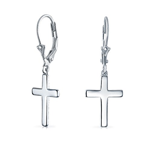 Minimalist Simple Small Religious Dangle Cross Earrings For Women Teen Secure Lever Back .925 Sterling Silver