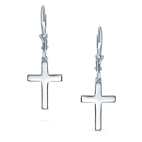 Minimalist Simple Small Religious Dangle Cross Earrings For Women Teen Secure Lever Back .925 Sterling Silver