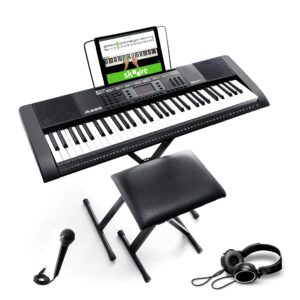 alesis melody 61 key keyboard piano for beginners with speakers, stand, bench, headphones, microphone, sheet music stand, 300 sounds and music lessons