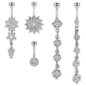 crazypiercing dangle belly button rings surgical stainless steel for women 5 pcs set (silver)