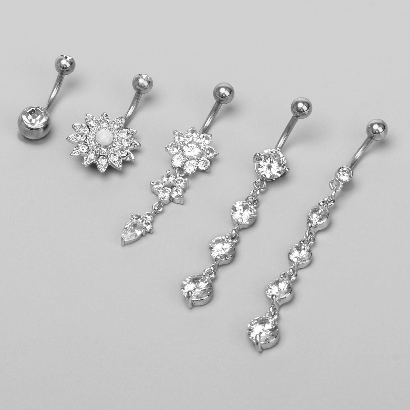 CrazyPiercing Dangle Belly Button Rings Surgical Stainless Steel for Women 5 PCS Set (Silver)