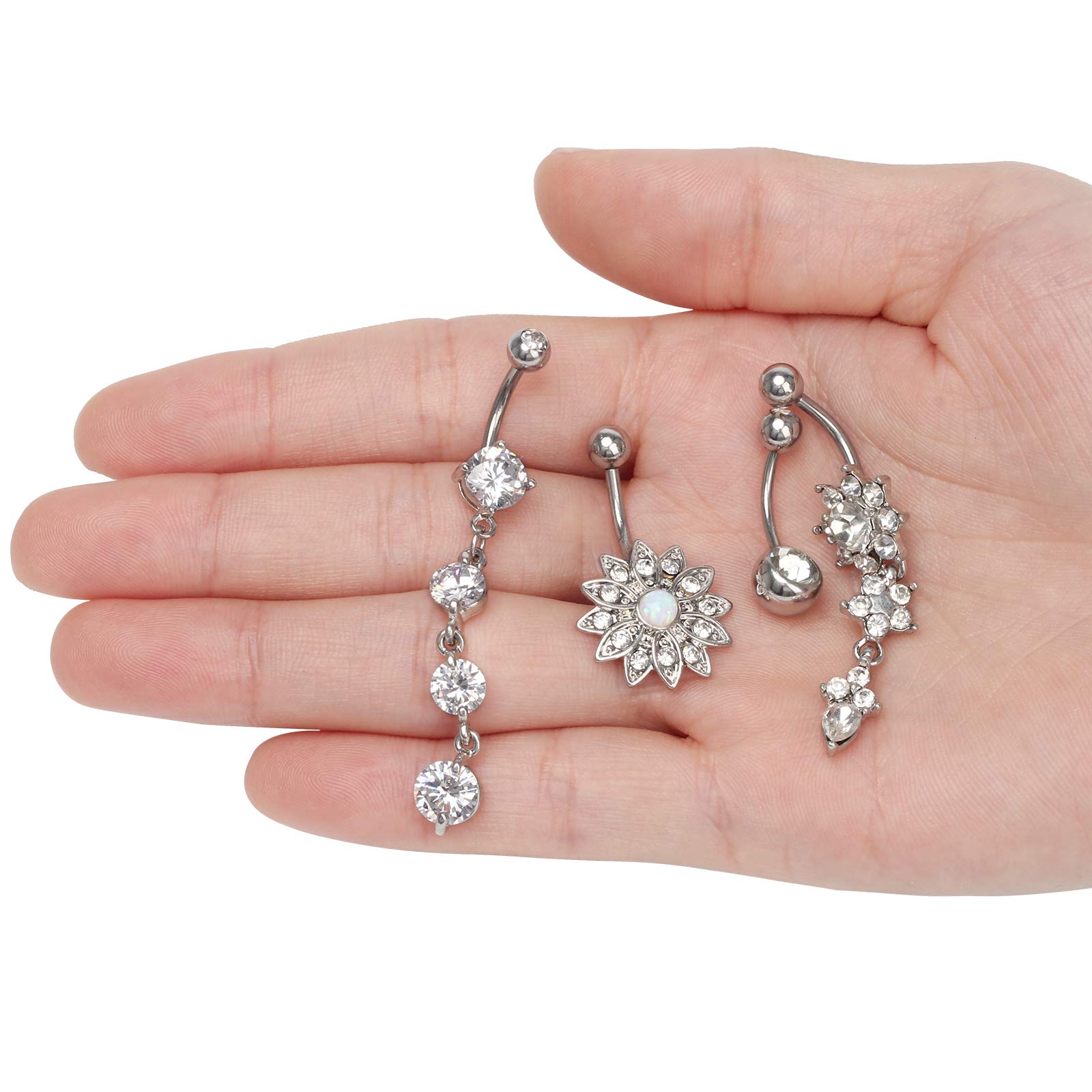 CrazyPiercing Dangle Belly Button Rings Surgical Stainless Steel for Women 5 PCS Set (Silver)